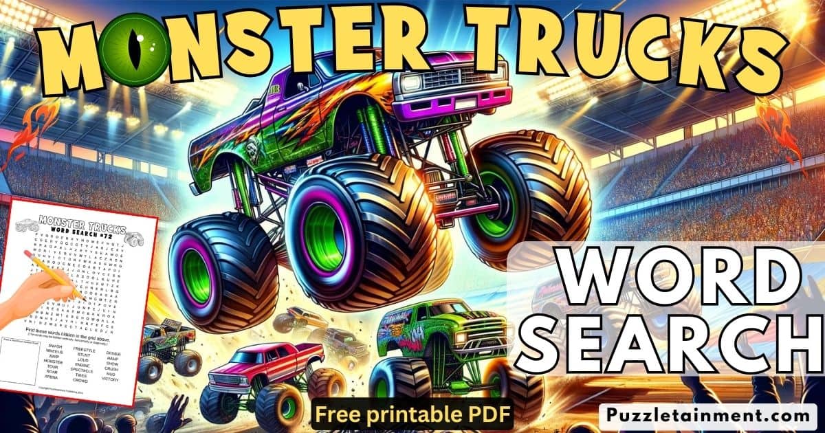Monster Trucks Word Search (free printable PDF) - Puzzletainment Publishing